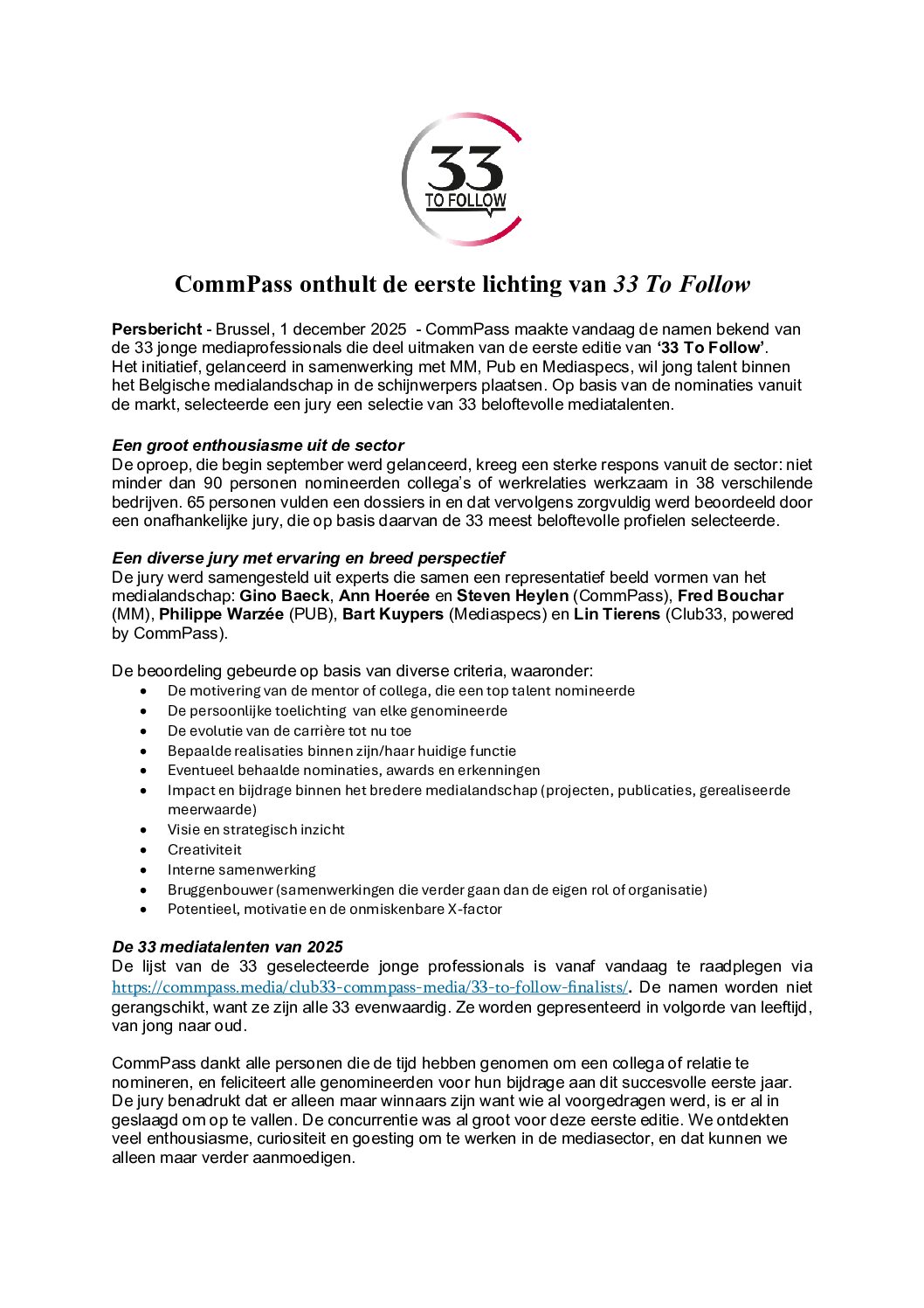 CommPass - Persbericht CommPass 33 To Follow 1.12.2025